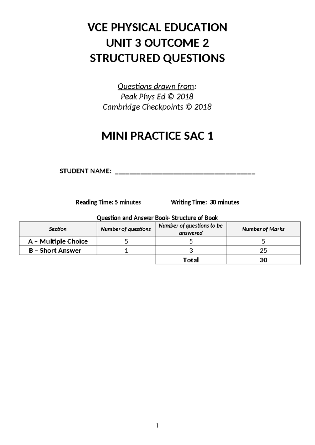 Practice Test, Physical Education - VCE PHYSICAL EDUCATION UNIT 3 ...