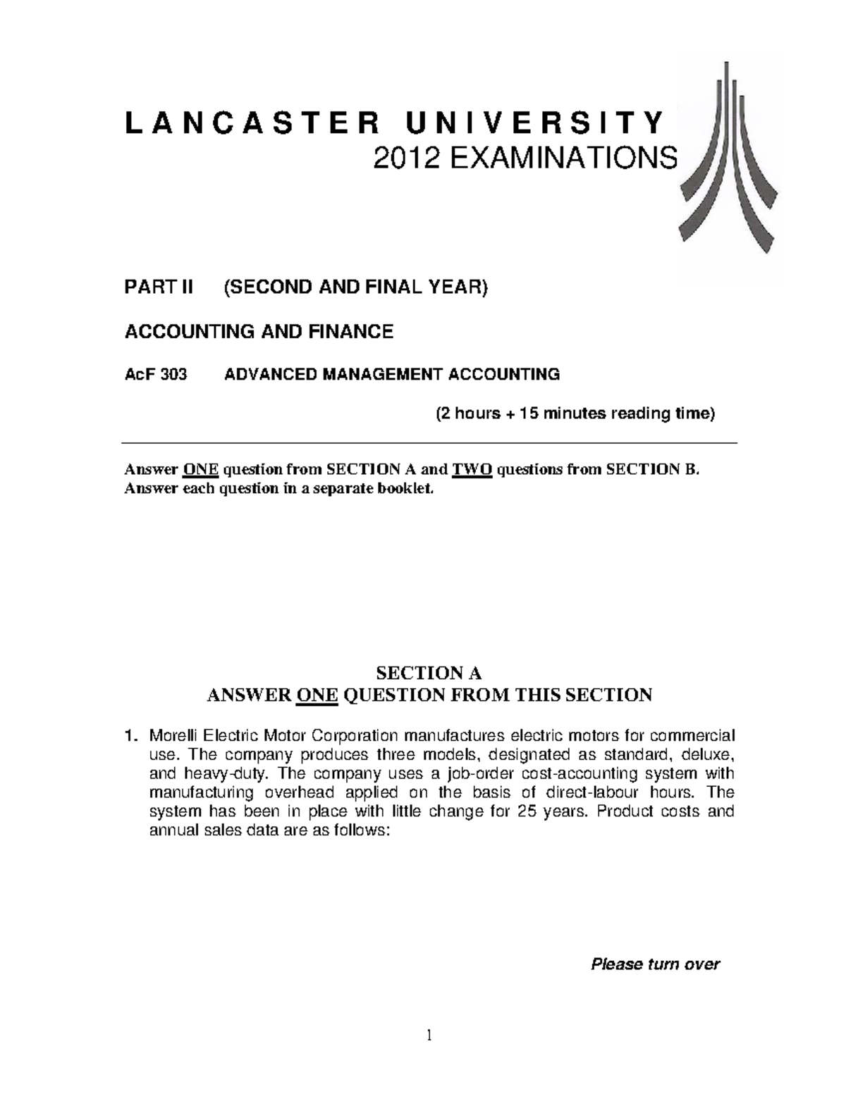 ACF 303 Exam 2012, questions - LANCASTER UNIVERSITY 2012 EXAMINATIONS ...