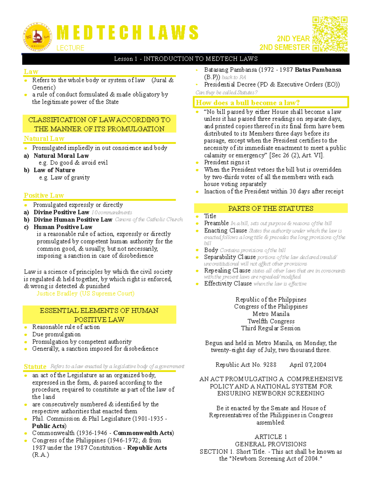 L1 - Mt laws introduction - M E D T E C H L A W S LECTURE 2ND YEAR 2ND SEMESTER Lesson 1 - - Studocu