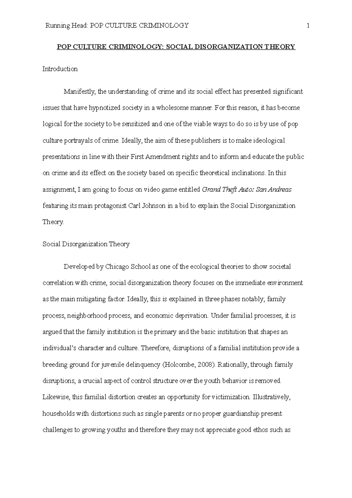 Pop Culture Criminology Social Disorganization Theory - Running Head ...