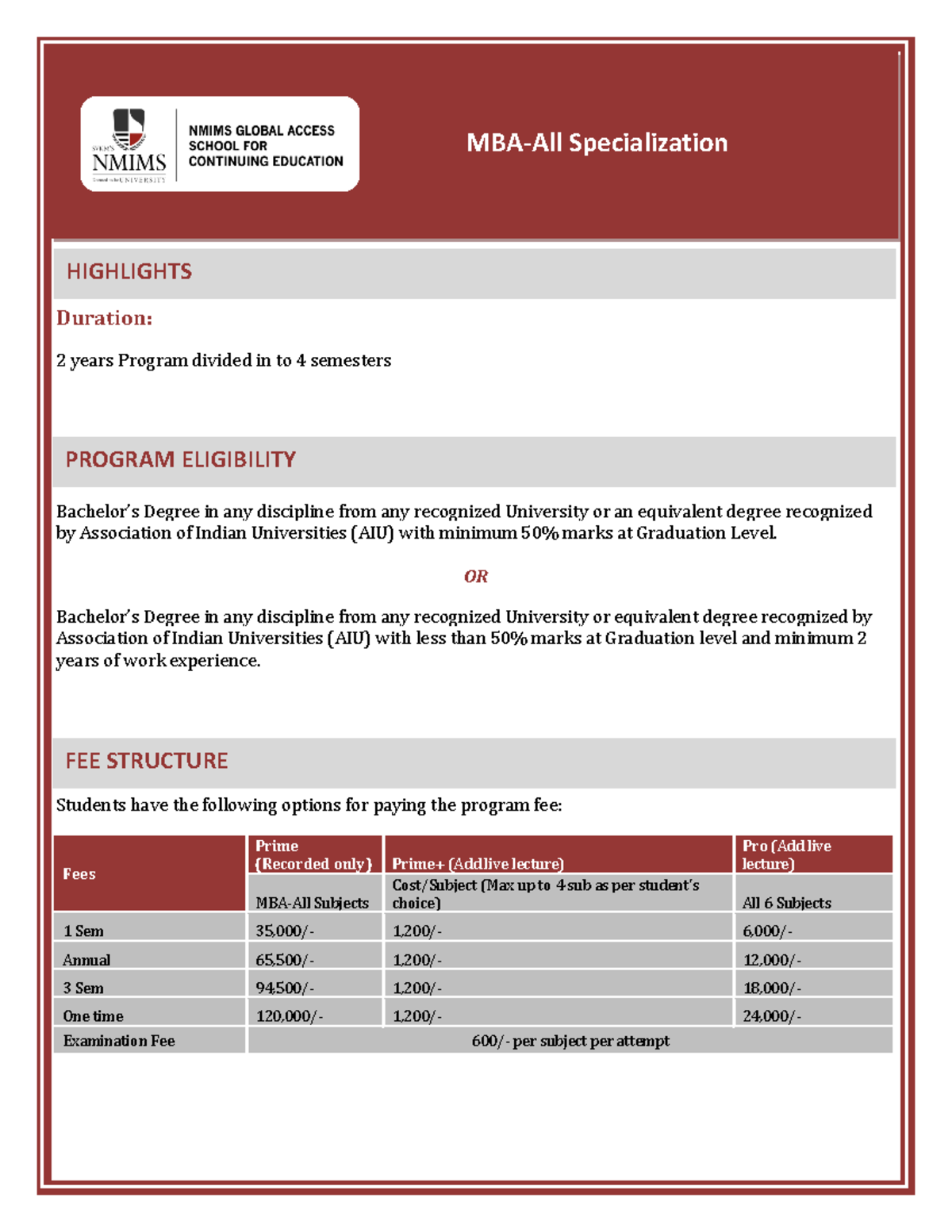 MBA-ALL Specializations - Duration: 2 years Program divided in to 4 ...