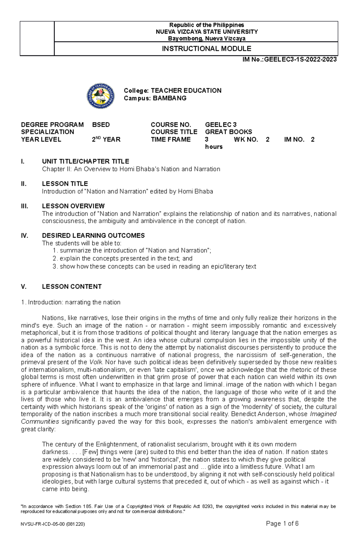 2 Nation and Narration - BEED gen ed - NUEVA VIZCAYA STATE UNIVERSITY ...