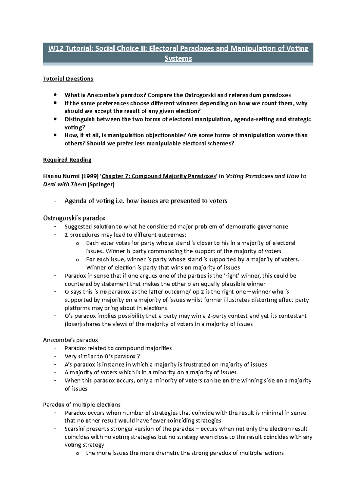 Wk 12 - tutorial notes - W12 Tutorial: Social Choice II: Electoral ...