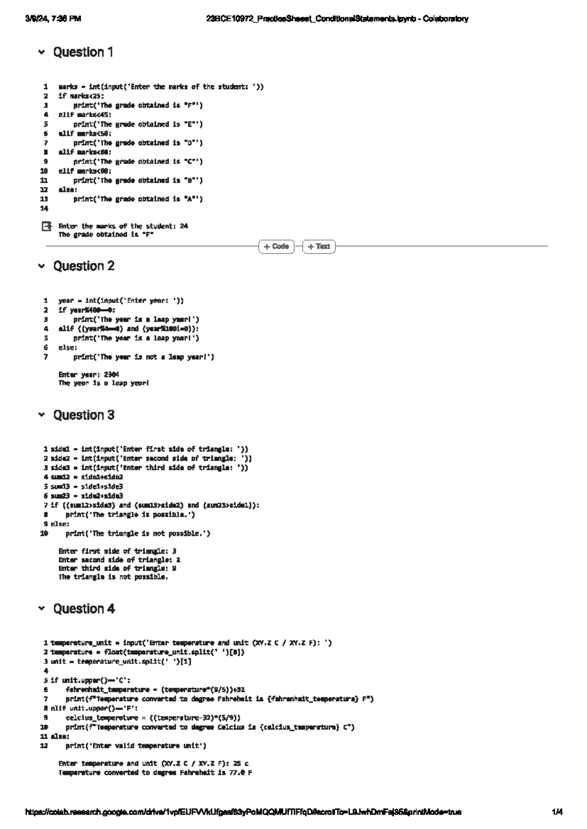 23BCE10972 Practice Sheet Conditional Statements - 7:36 PM Colaboratory Question 1 1 marks int ...