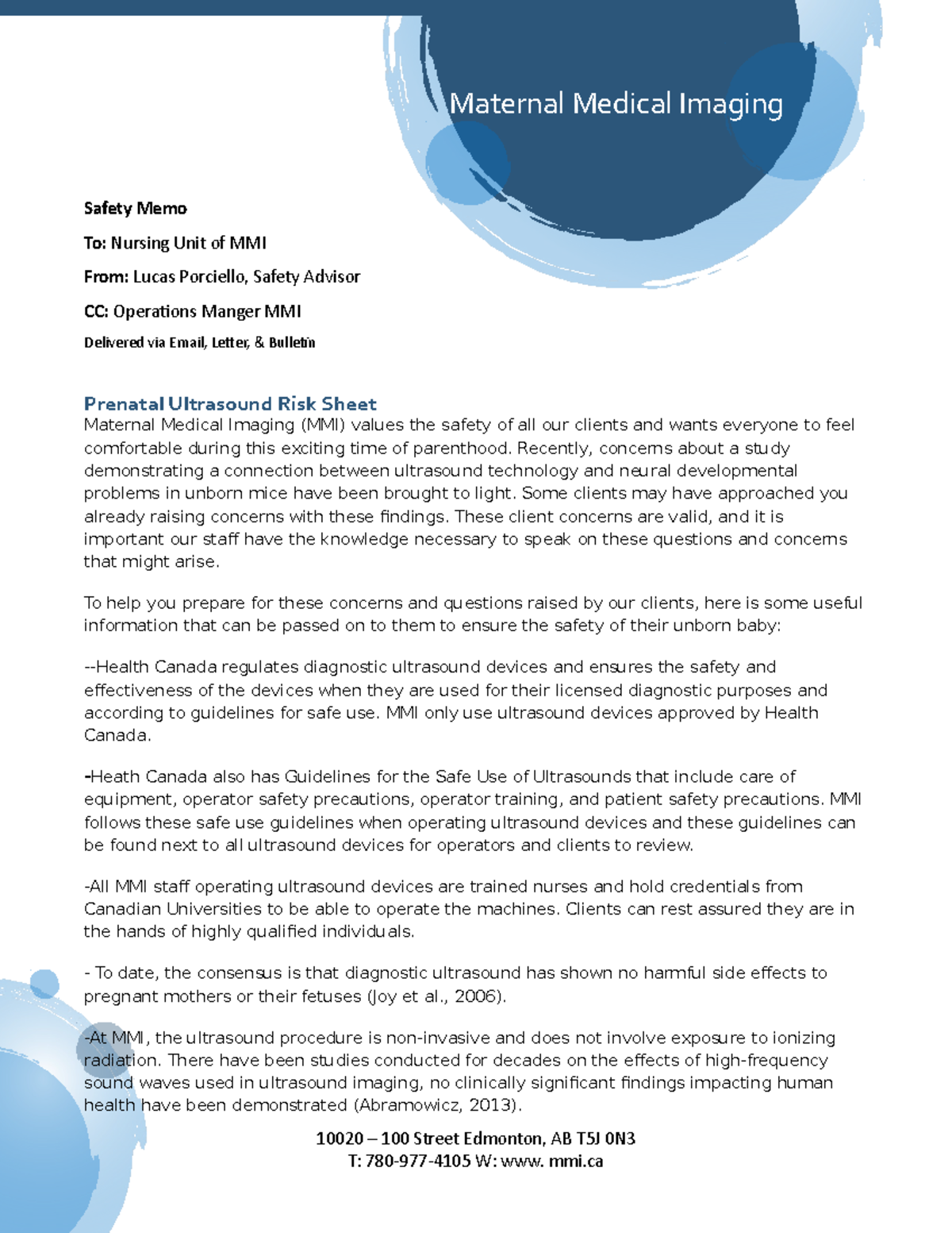 EXOS 4625-Assignment B- Part 1 - Maternal Medical Imaging Safety Memo ...