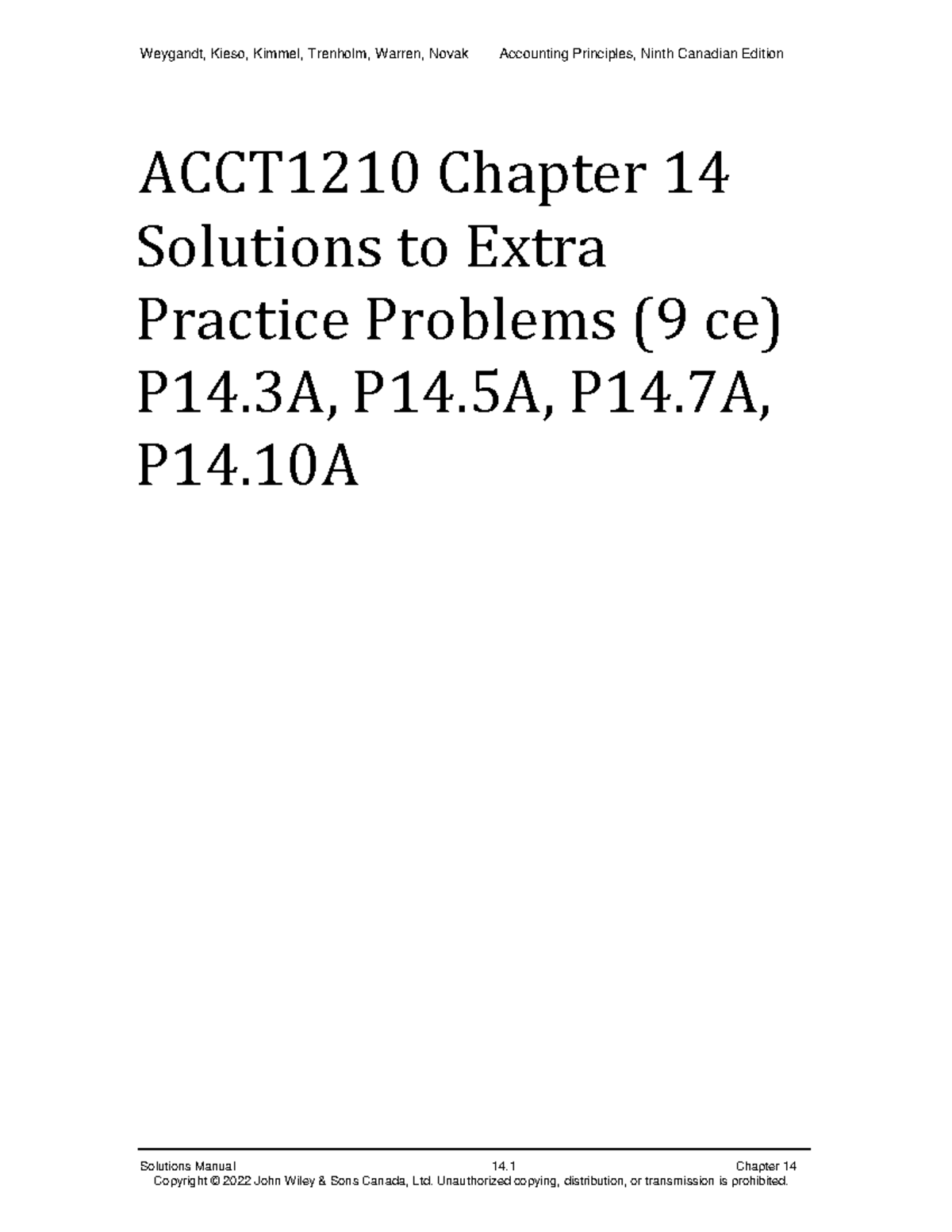 ACCT1210 Chapter 14 Solutions to Extra Practice Problems 9ce - Solutions Manual 14 Chapter 14 ...