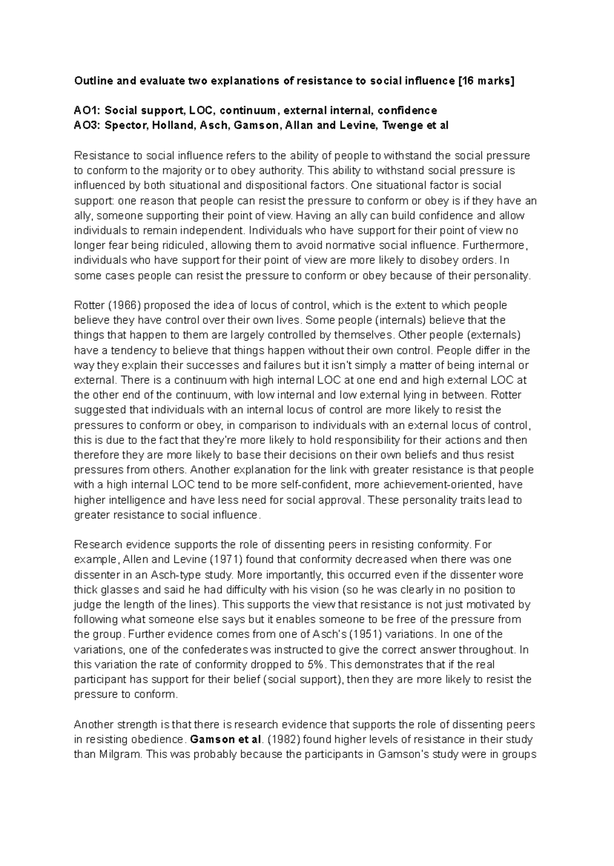 Outline and evaluate two explanations of resistance to social influence ...