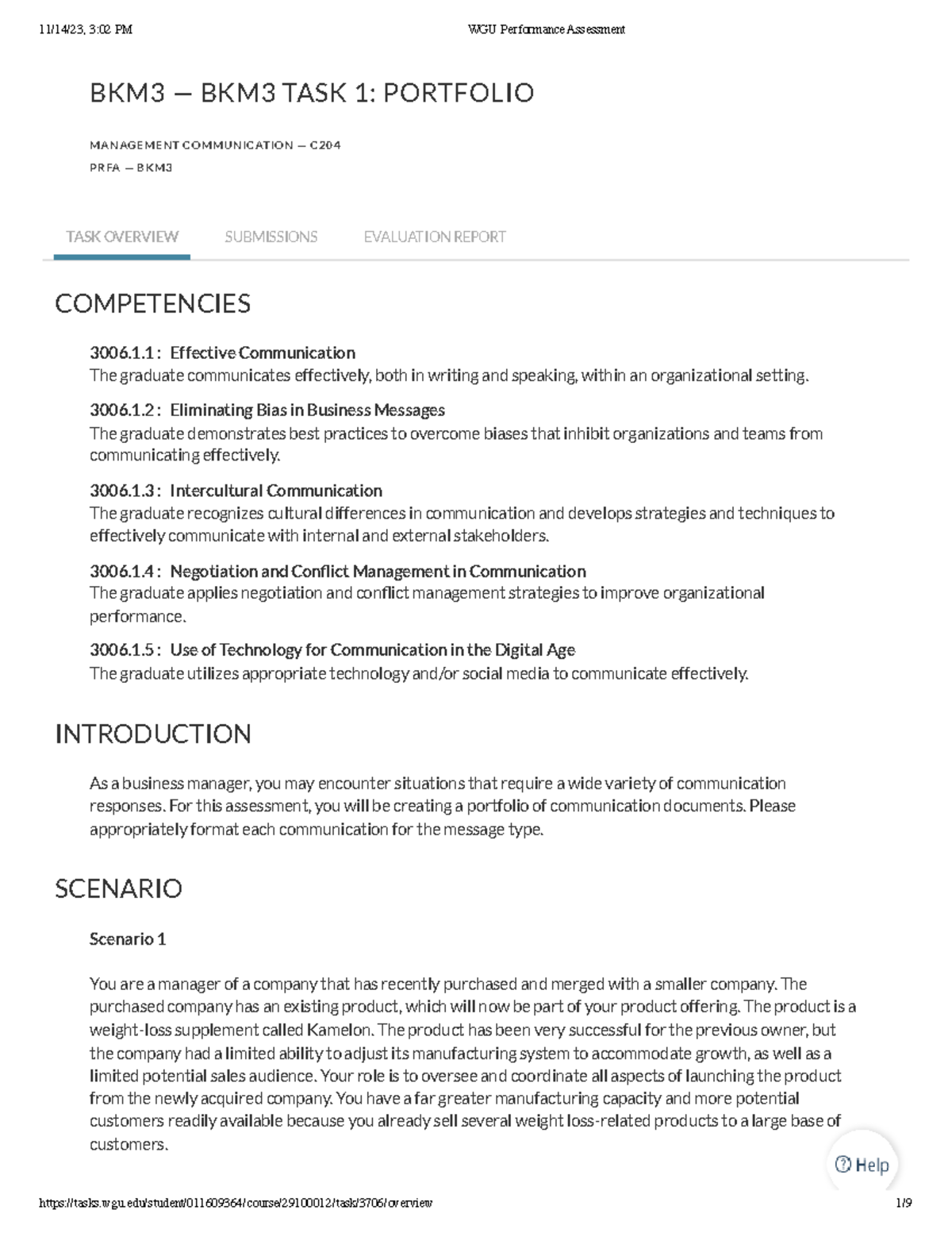 WGU Performance Assessment c204 - BKM3 — BKM3 TASK 1: PORTFOLIO ...