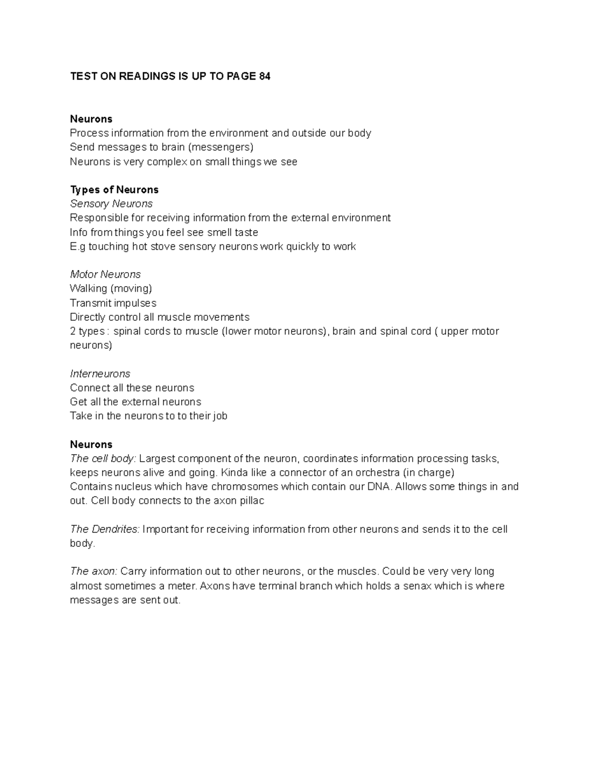 Lecture 4 Psyc Notes Test On Readings Is Up To Page 84 Neurons Process Information From The