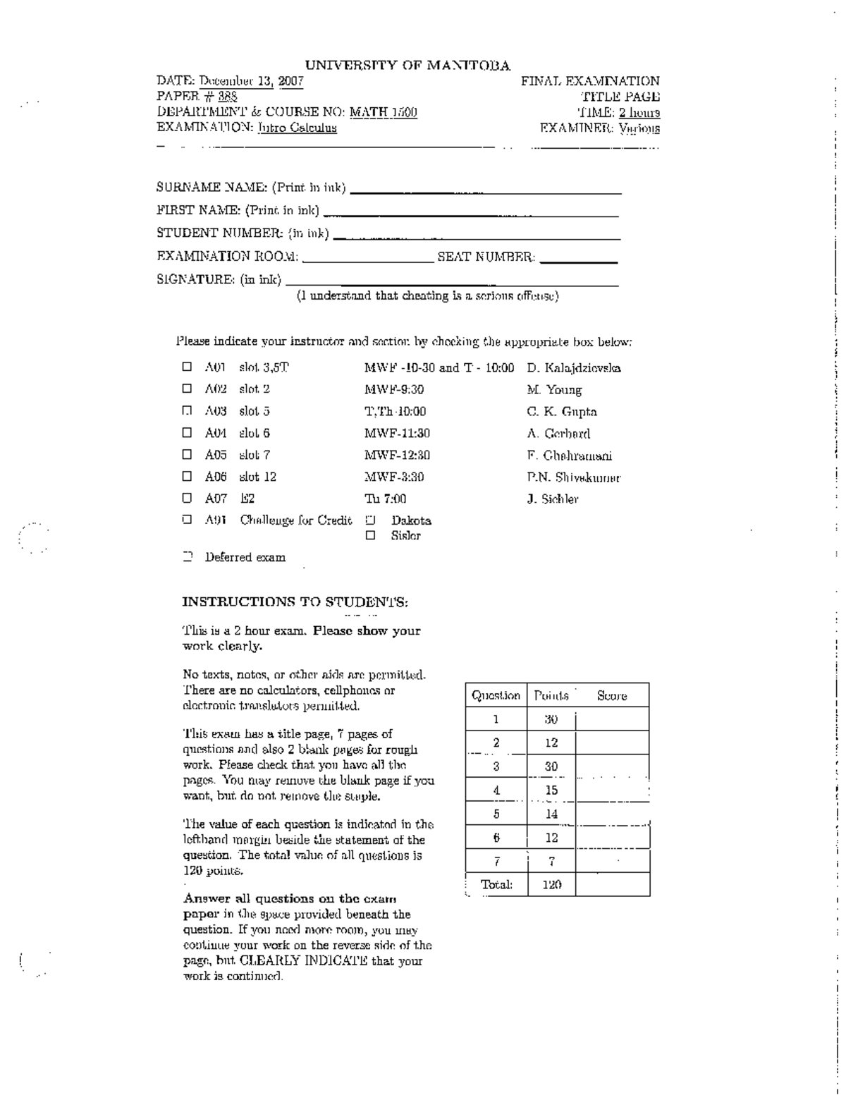 Exam 2007, questions - final, fall - MATH 1500 - Studocu