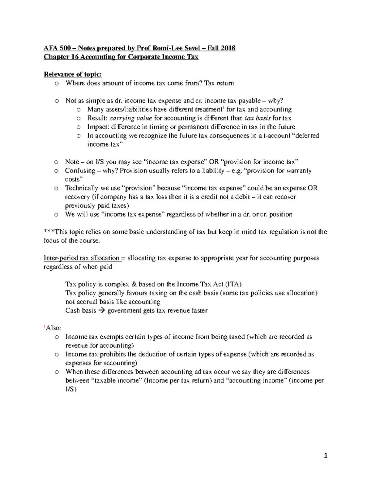 AFA 500 Notes - AFA 500 – Notes prepared by Prof Romi-Lee Sevel – Fall ...