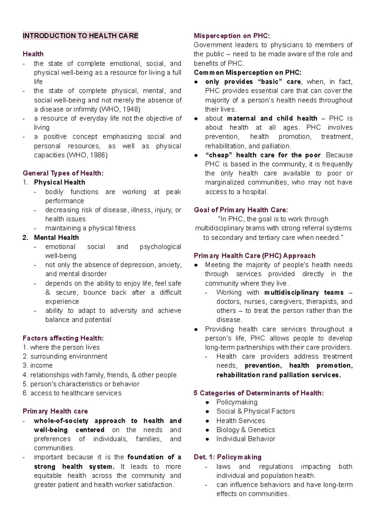 Introduction TO Health CARE - INTRODUCTION TO HEALTH CARE Health the ...