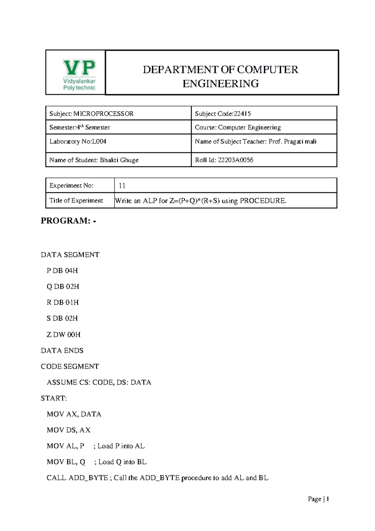 MIC Practical no11 - Page | 1 DEPARTMENT OF COMPUTER ENGINEERING ...