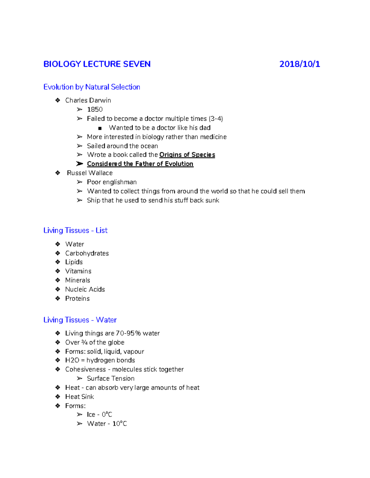 Biology notes 7 - BIOLOGY LECTURE SEVEN 2018/10/ Evolution by Natural ...