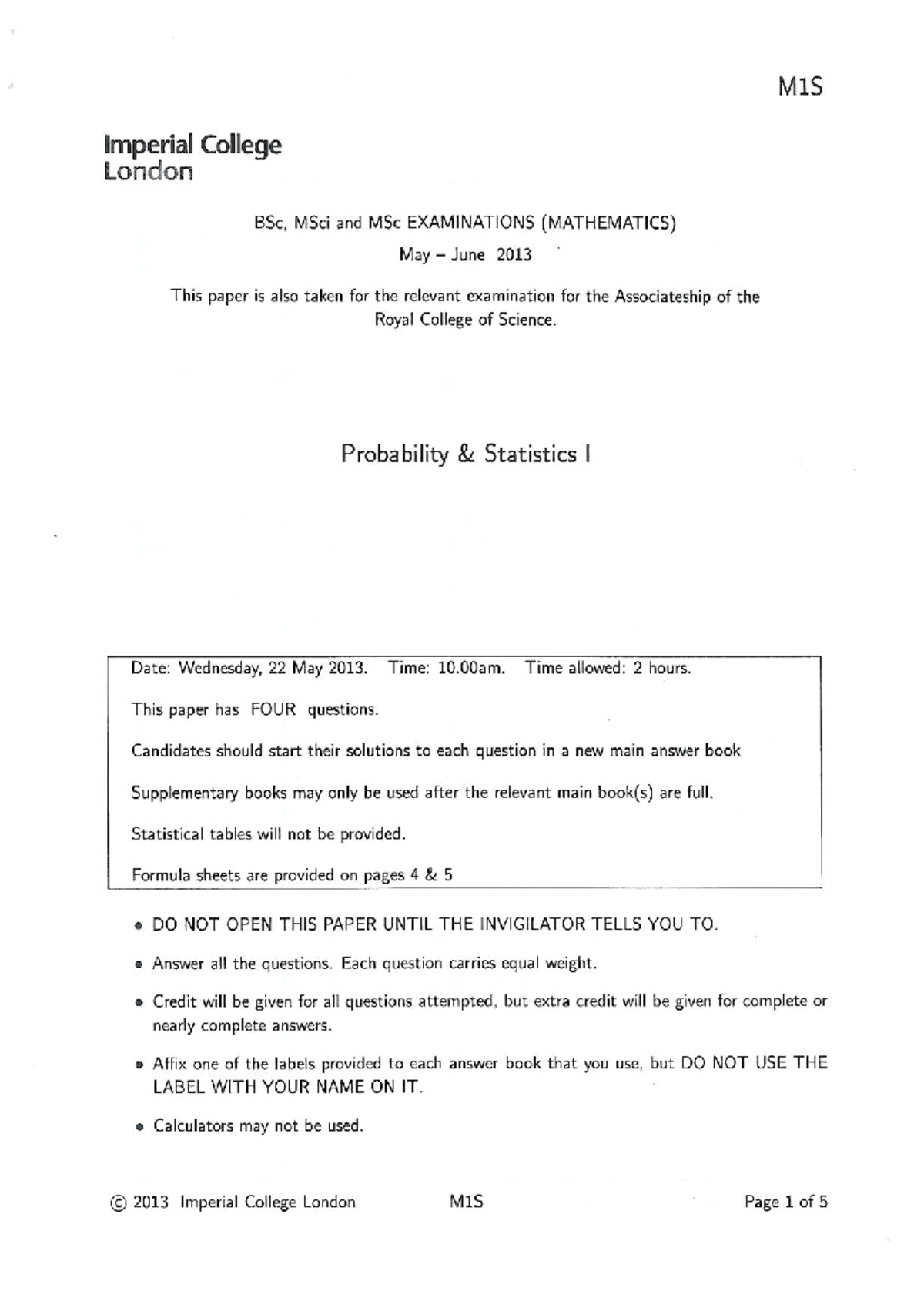 M1S May 2013 - Imperial College London 2013-2014 past paper with ...