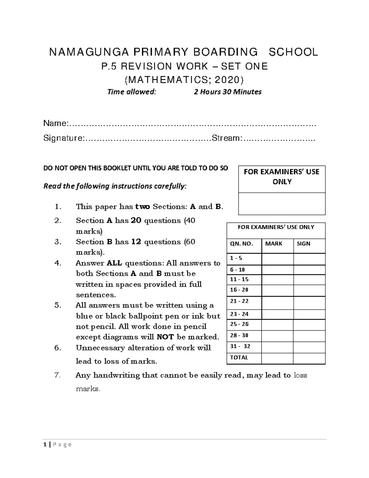 P5 Mathematics SET 1 Revision WORK Namagunga Primary Boarding School ...