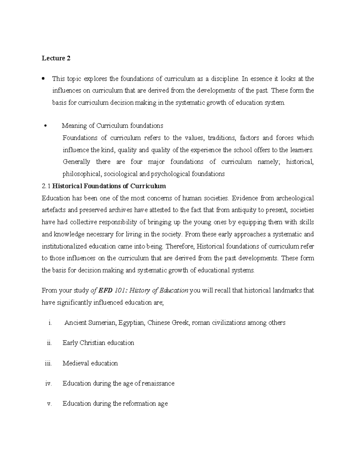 Week 2 Summary Lecture Notes Lecture 2 This Topic Explores The Foundations Of Curriculum As
