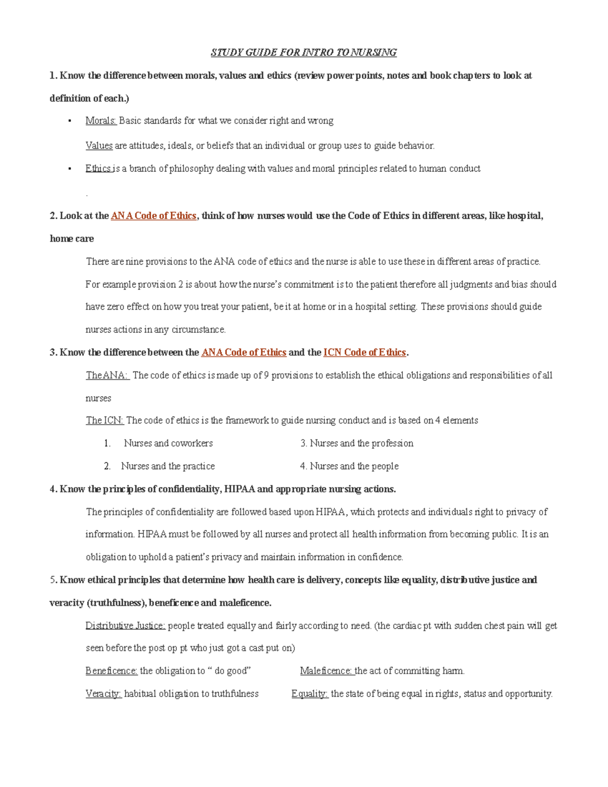 Study quide for Intro to Nursing - STUDY GUIDE FOR INTRO TO NURSING ...