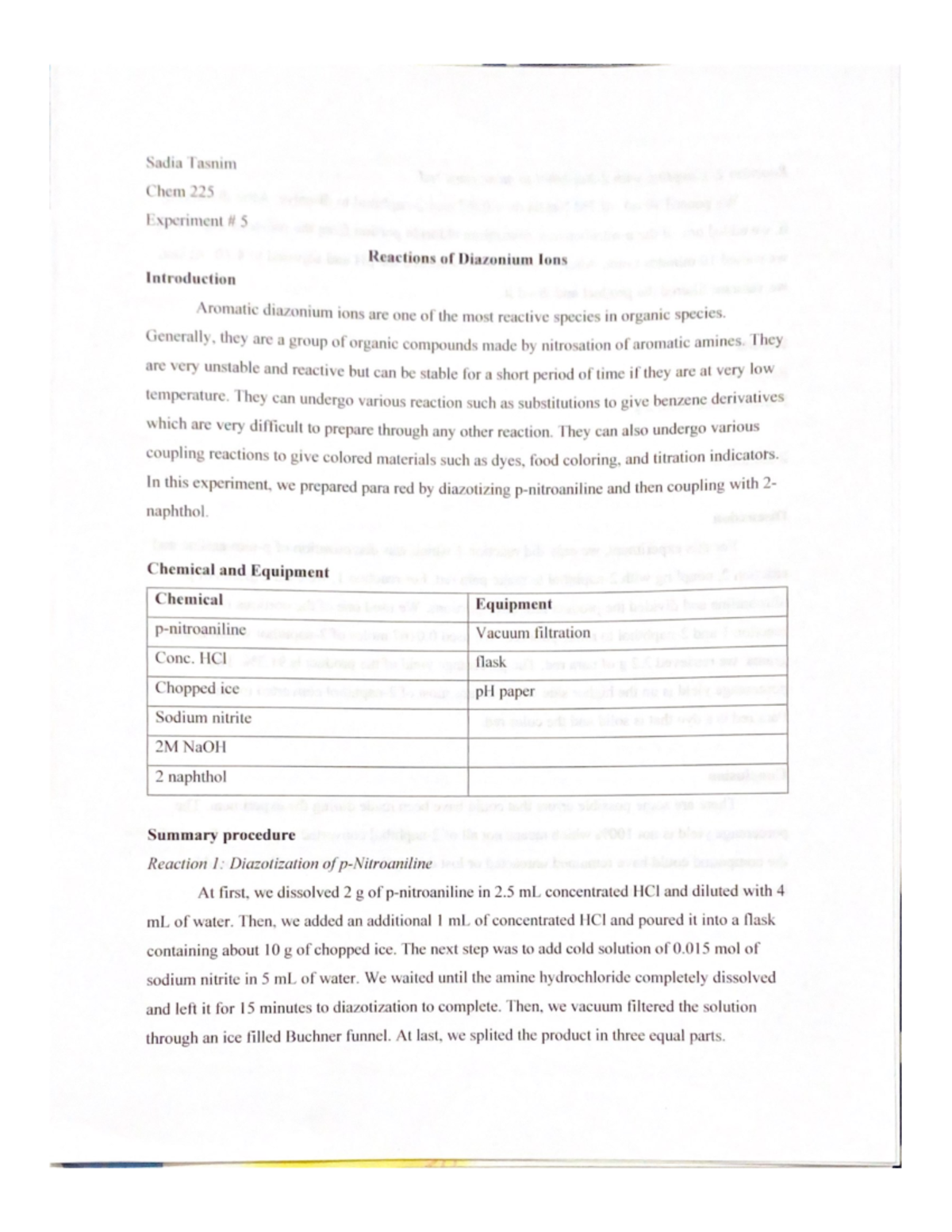 Lab Report Organic Chemistry Experiment 5 - CHEM 224.RC - Hunter ...