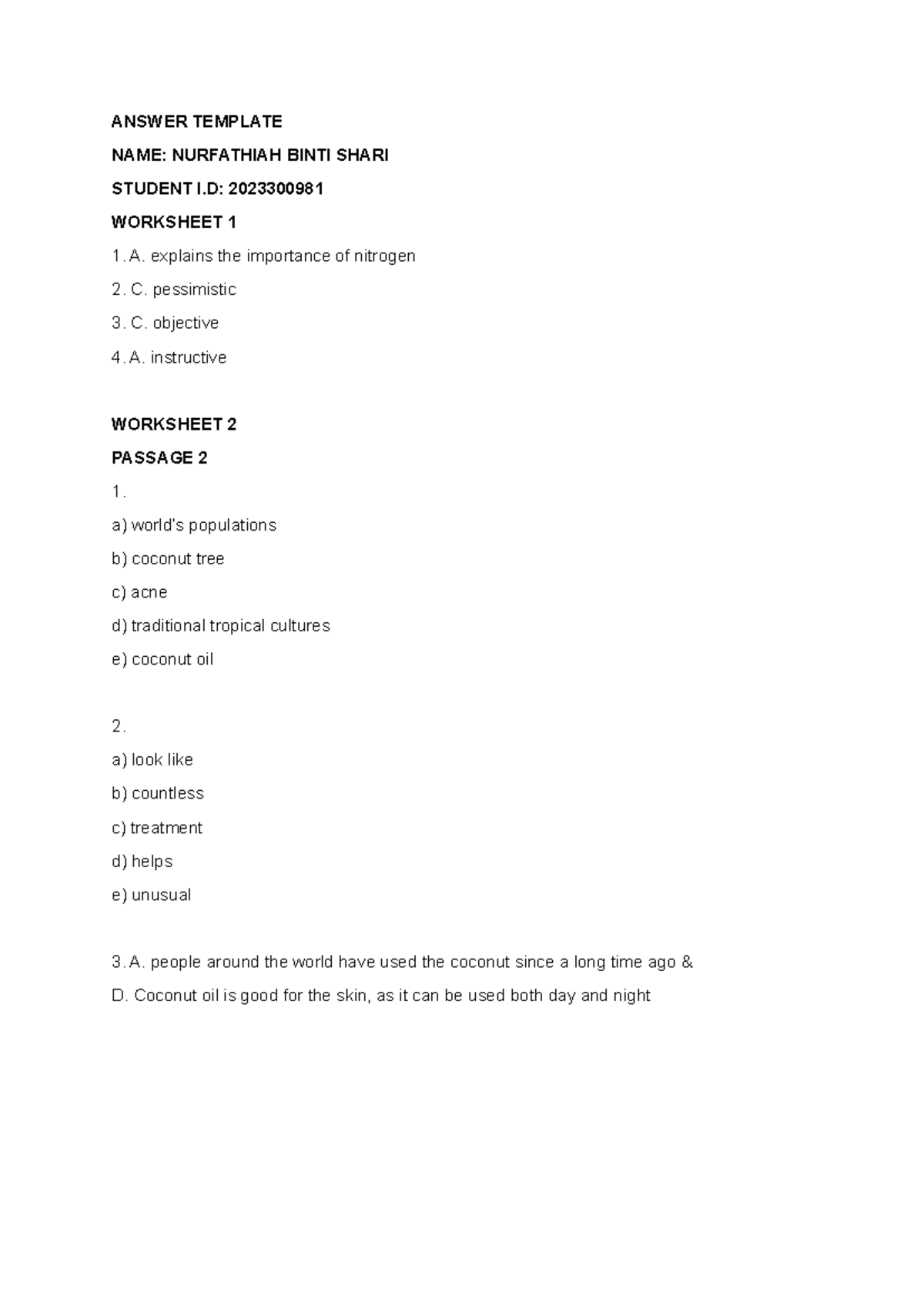 Answer Template Worksheet 1 AND 2 - ANSWER TEMPLATE NAME: NURFATHIAH ...