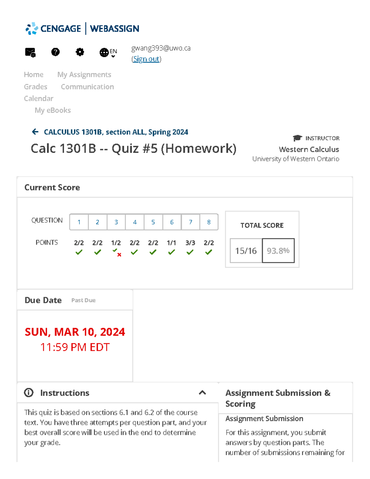 Calc 1301B - Quiz #5 - Calculus 1301B, section ALL, Spring 2024 Web Assign - EN gwang393@uwo ...
