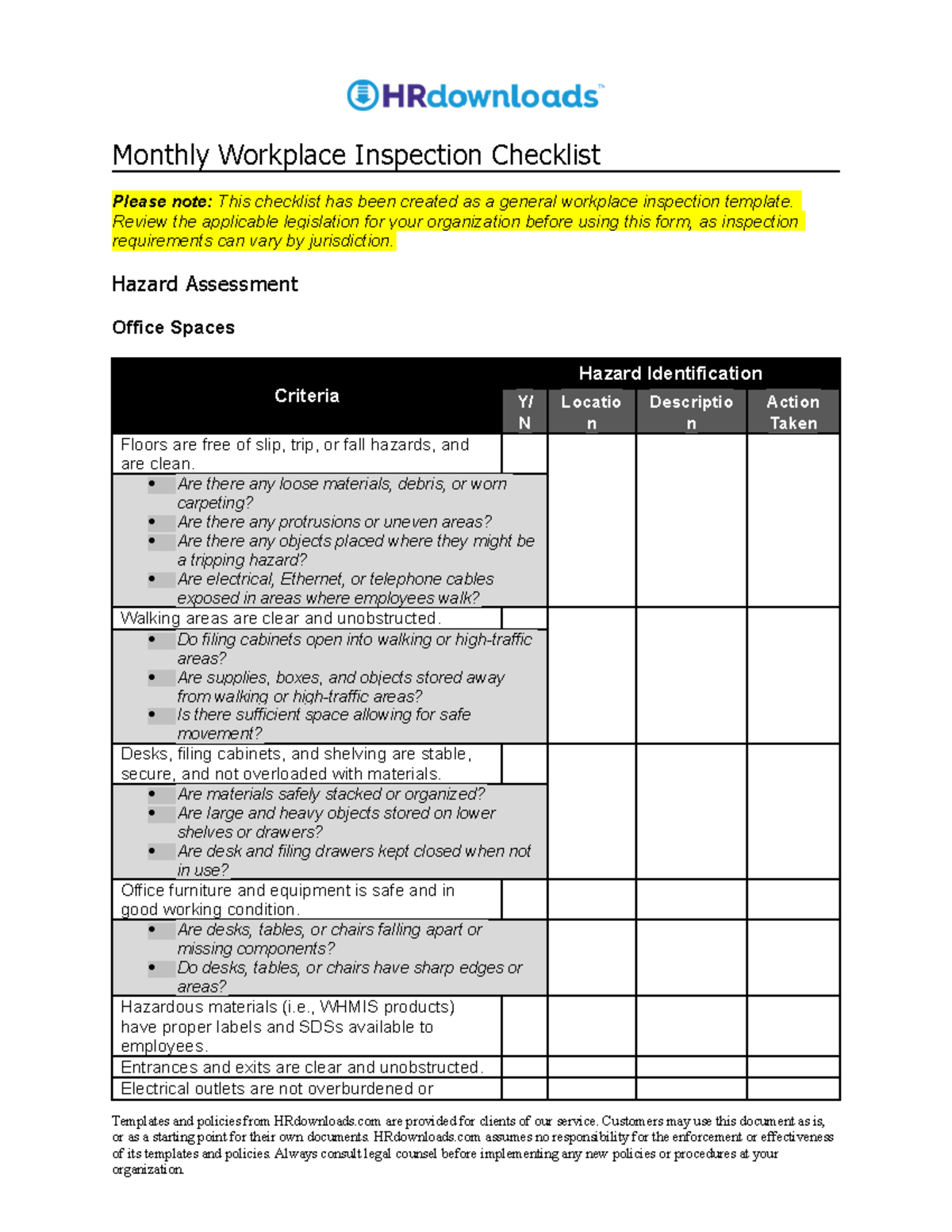 Monthly Workplace Inspection Checklist - Review the applicable ...