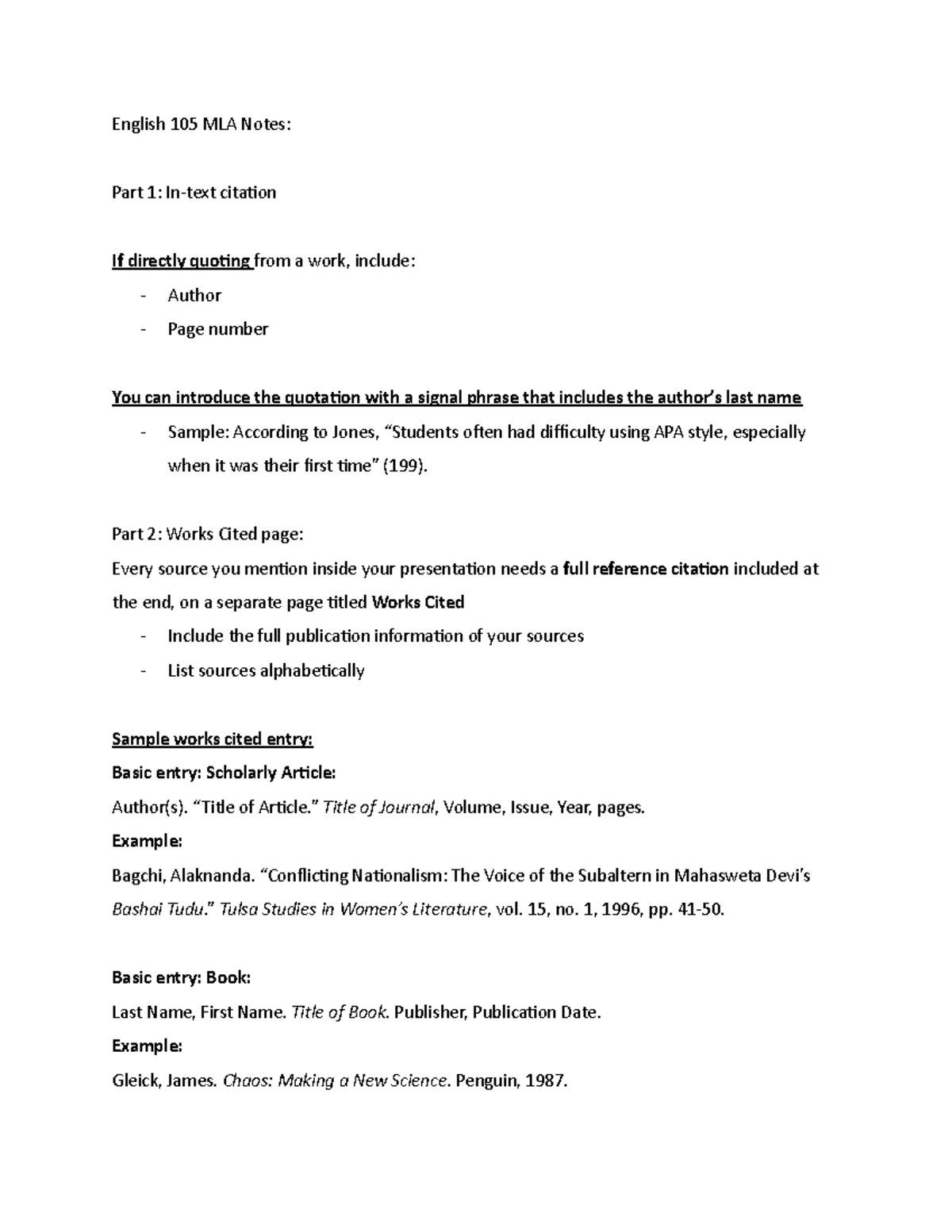Eng 105-MLA Notes - For Alex Wetmore's class - English 105 MLA Notes ...