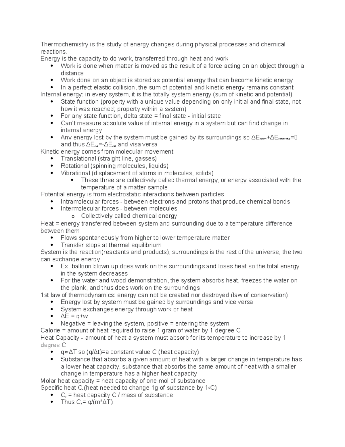 Gen Chem Chapter 6 notes - Thermochemistry is the study of energy ...