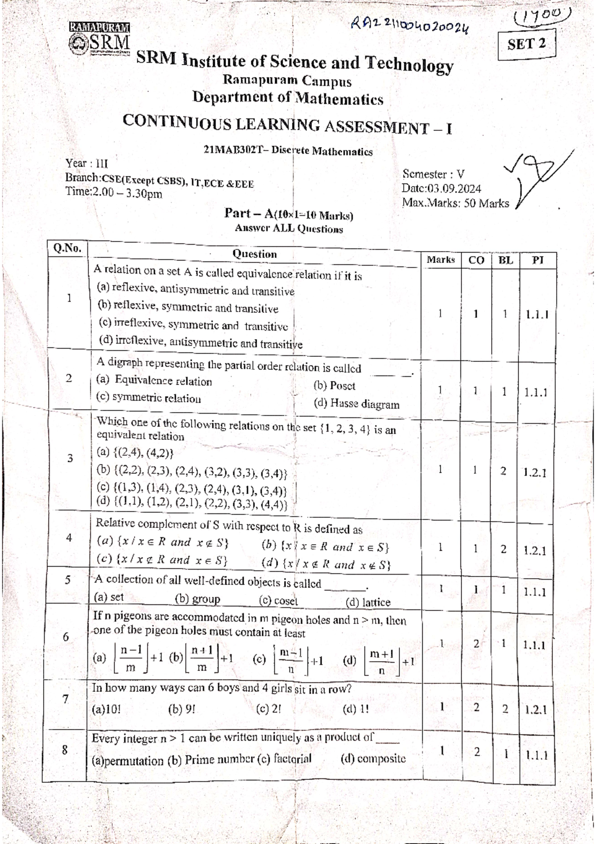 CLA qpapers - Cla question papers - RAMAPURAM RA2211004020024 (1700 SRM ...