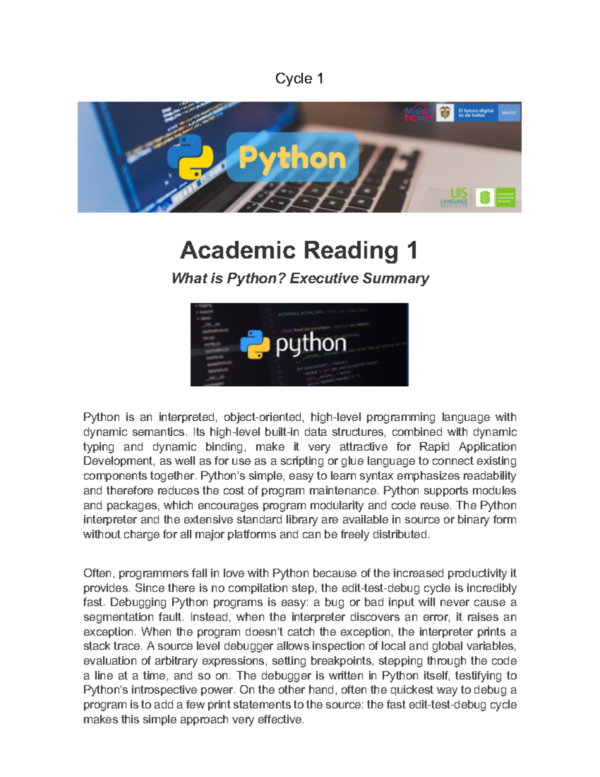 Academic Reading 1 - What is Python Executive Summary - Cycle 1 ...