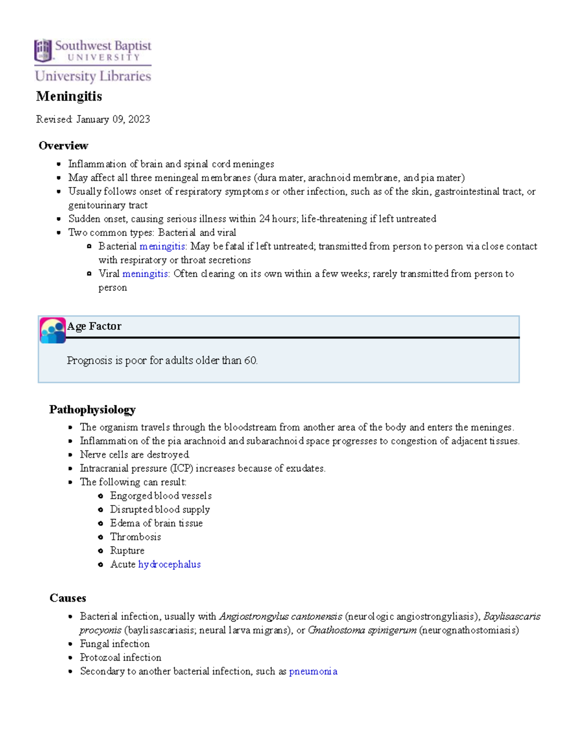 Meningitis - Notes - Meningitis Revised: January 09, 2023 Overview ...