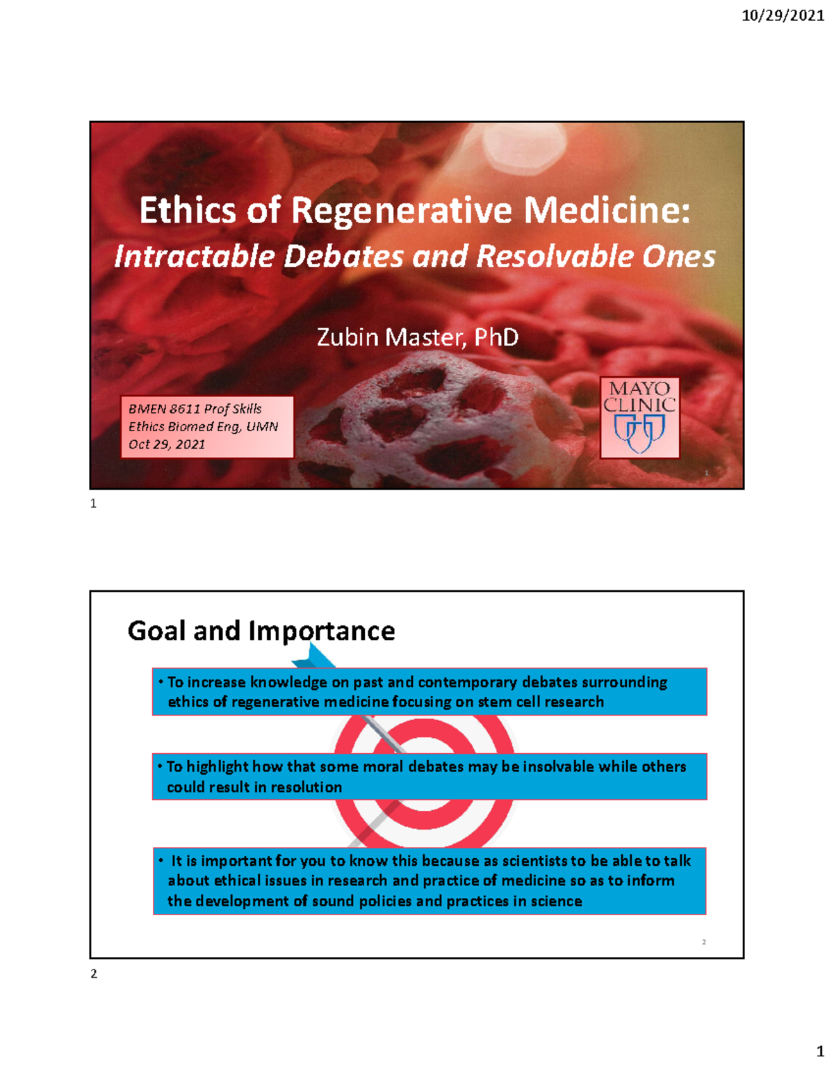 Master RM Ethics UMN BMEN 8611 - 1 1 Ethics of Regenerative Medicine ...