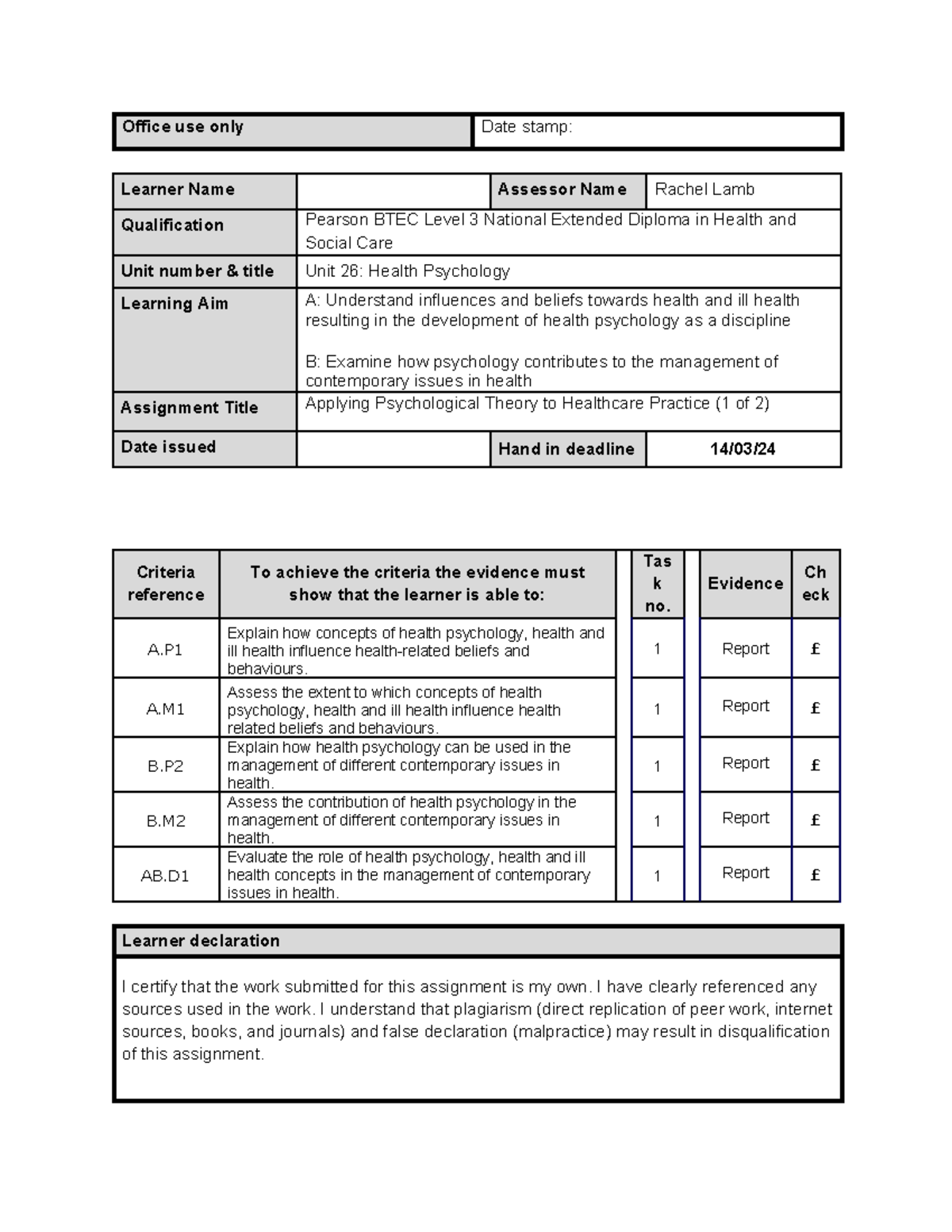 Unit 26 Task one - unit 26 task 1 - Office use only Date stamp: Learner ...