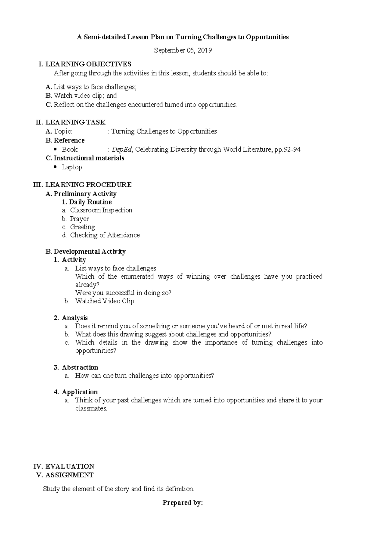 Lesson Planning - A Semi-detailed Lesson Plan on Turning Challenges to ...