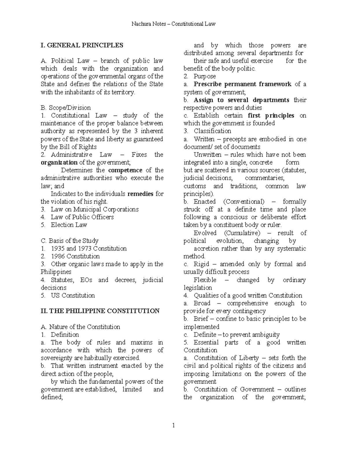 -Notes-Constitutional-law1 - I. GENERAL PRINCIPLES A. Political Law ...