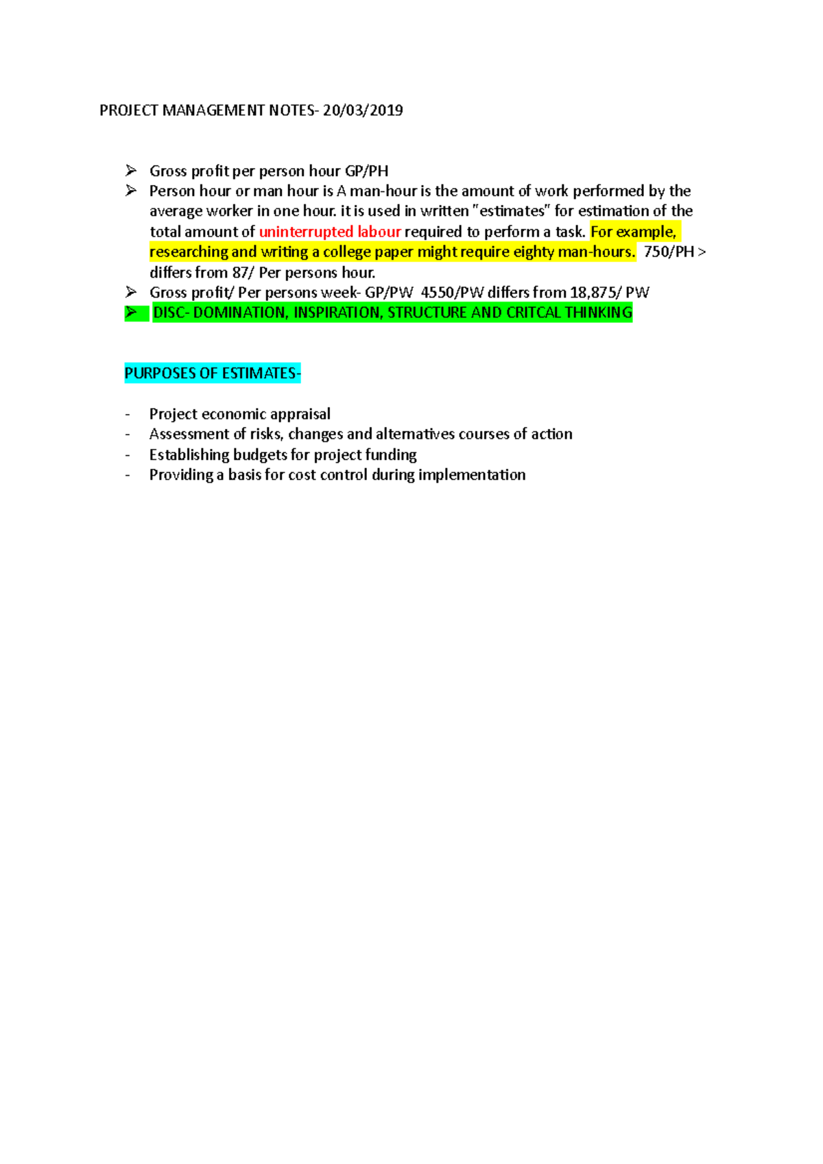 Project Management Notes - PROJECT MANAGEMENT NOTES- 20/03/ Gross ...