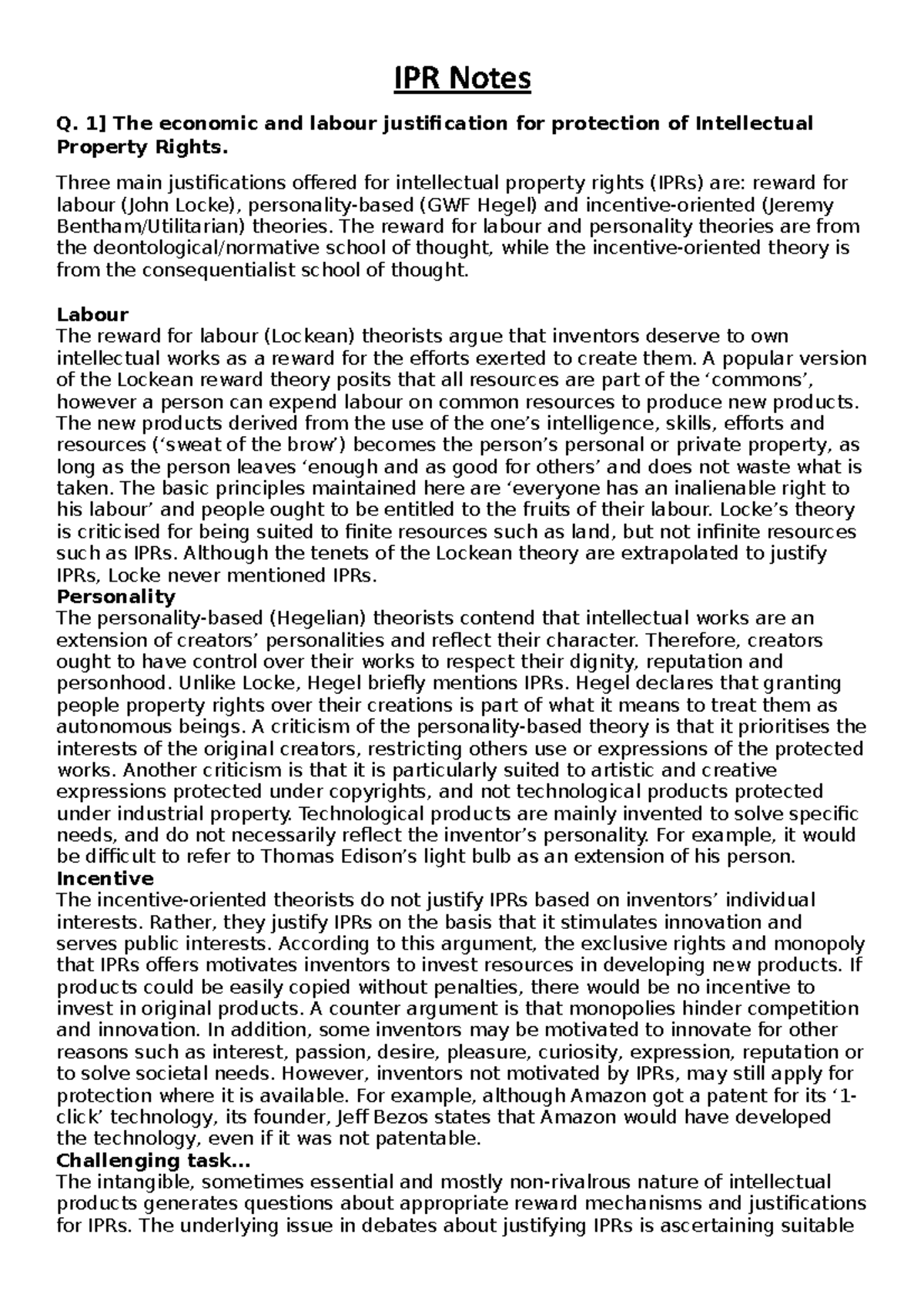 IPR Assignment Notes - IPR Notes Q. 1] The economic and labour ...