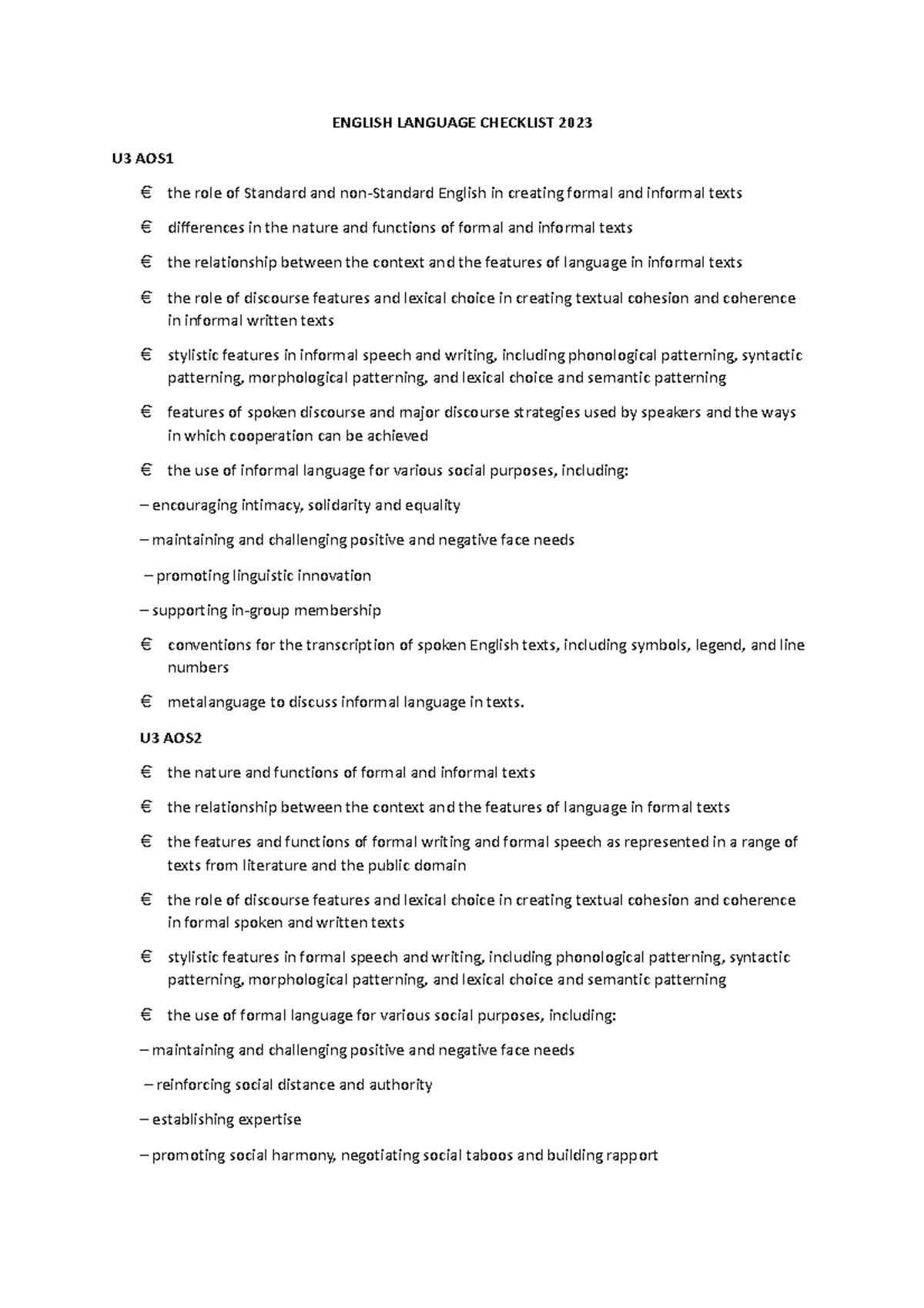English Language Checklist 2023 - ENGLISH LANGUAGE CHECKLIST 2023 U3 ...