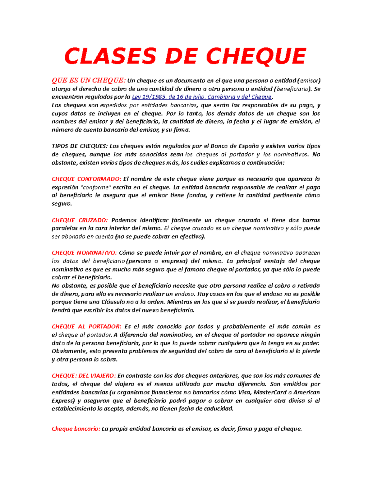 Clases DE ChequeS LOLO - CLASES DE CHEQUE QUE ES UN CHEQUE: Un cheque ...