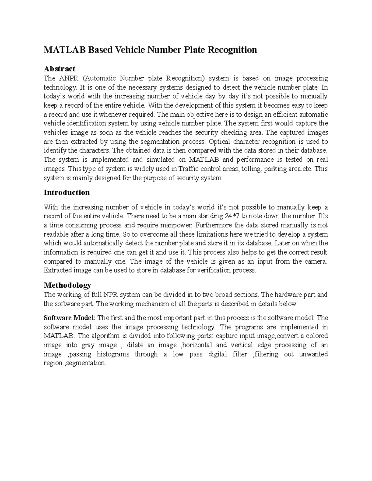 Matlab-documentation - MATLAB Based Vehicle Number Plate Recognition Abstract The ANPR ...