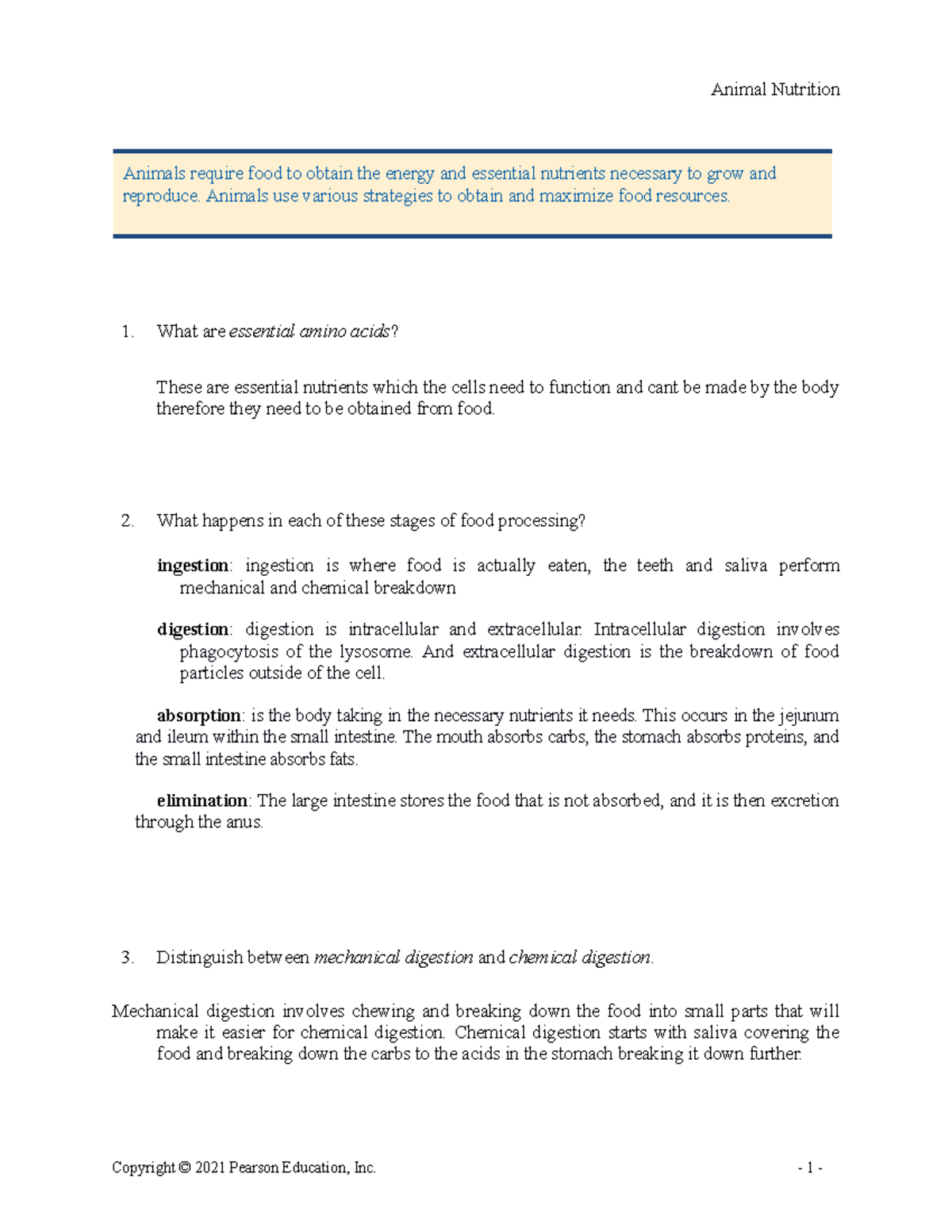 BIO 102 Ch 33 Reading Guide- digestion - Animal Nutrition Animals ...