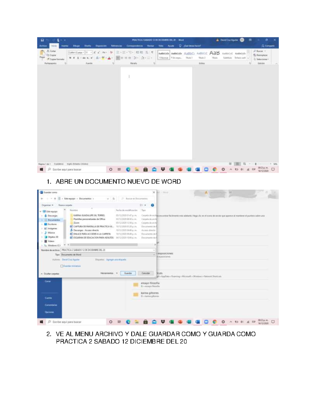 Practica WORD Capturas - 1. ABRE UN DOCUMENTO NUEVO DE WORD 2. VE AL MENU ARCHIVO Y DALE GUARDAR ...
