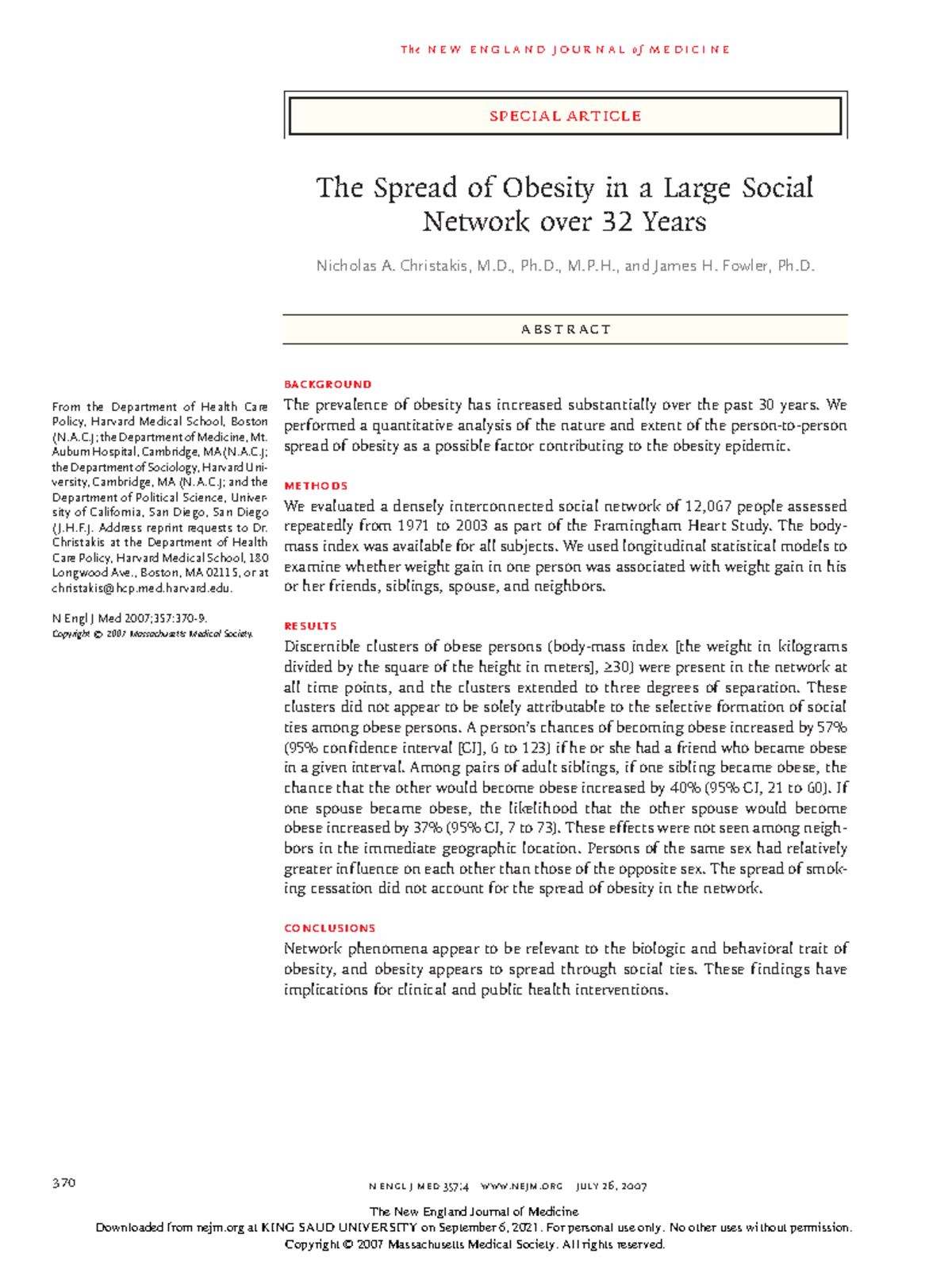 The Spread of Obesity in a Large Social - special article T h e n e w e ...