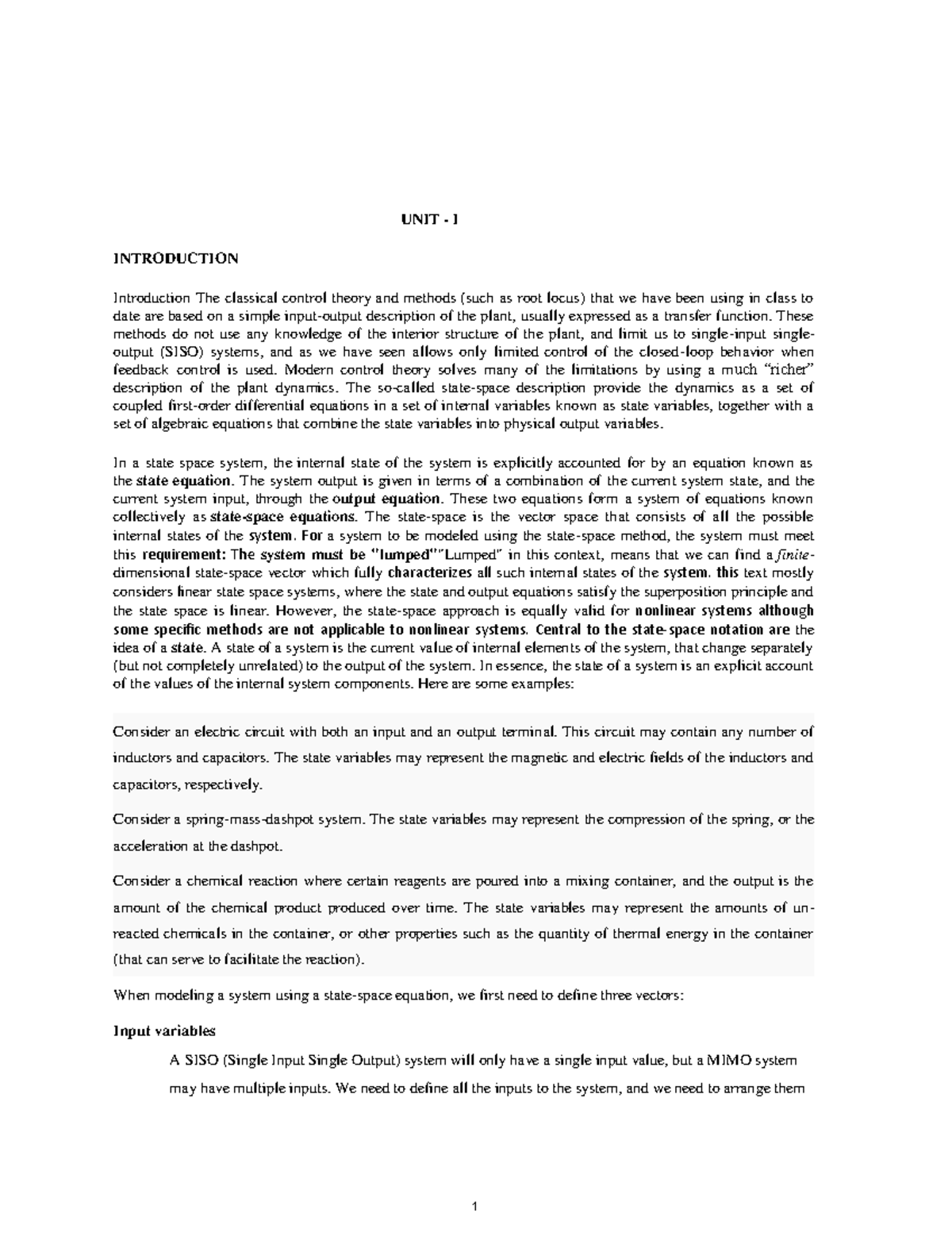 Advanced Control Systems Notes U1 Unit I Introduction Introduction The Classical Control