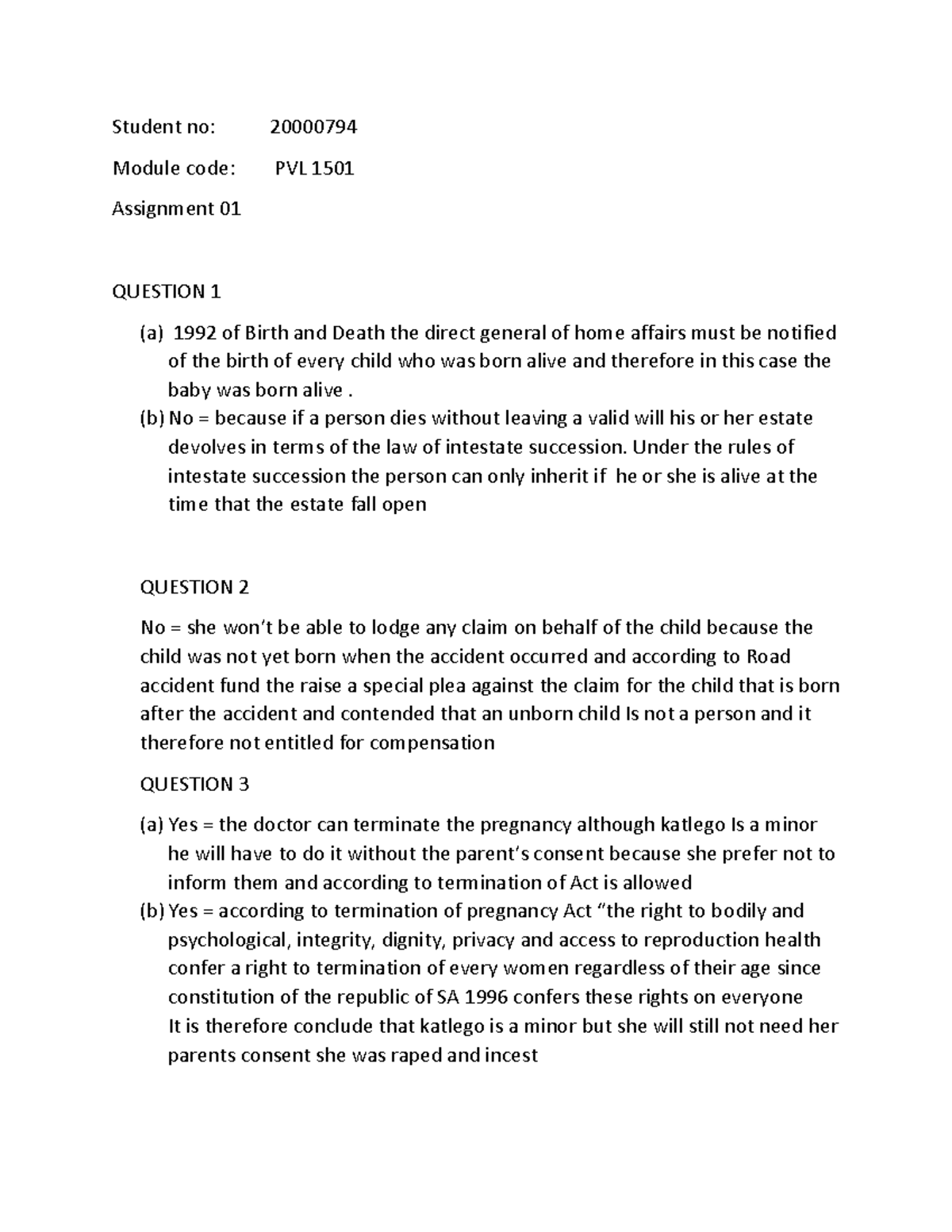 PVL 1501 Assignment - PVL 1501 - Student no: 20000794 Module code: PVL 1501 Assignment 01 ...