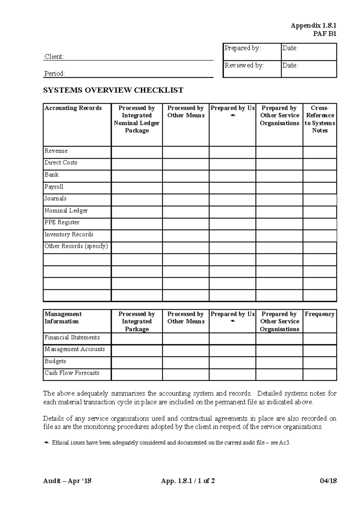 1.8.1 B1 Systems Overview Checklist - Appendix 1. PAF B Client ...