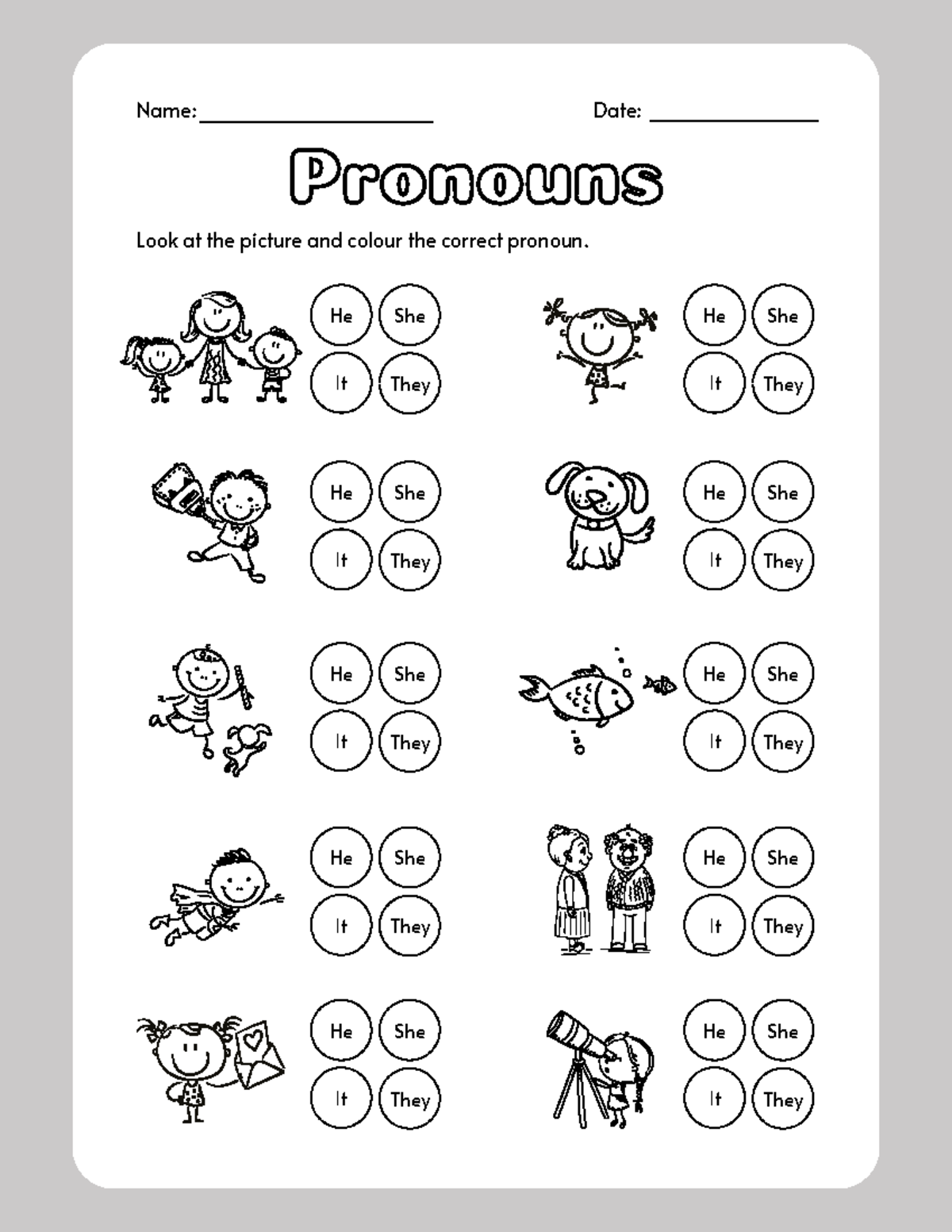 Black and white cute pronouns worksheet - Ingles - Pronouns Name: Date ...