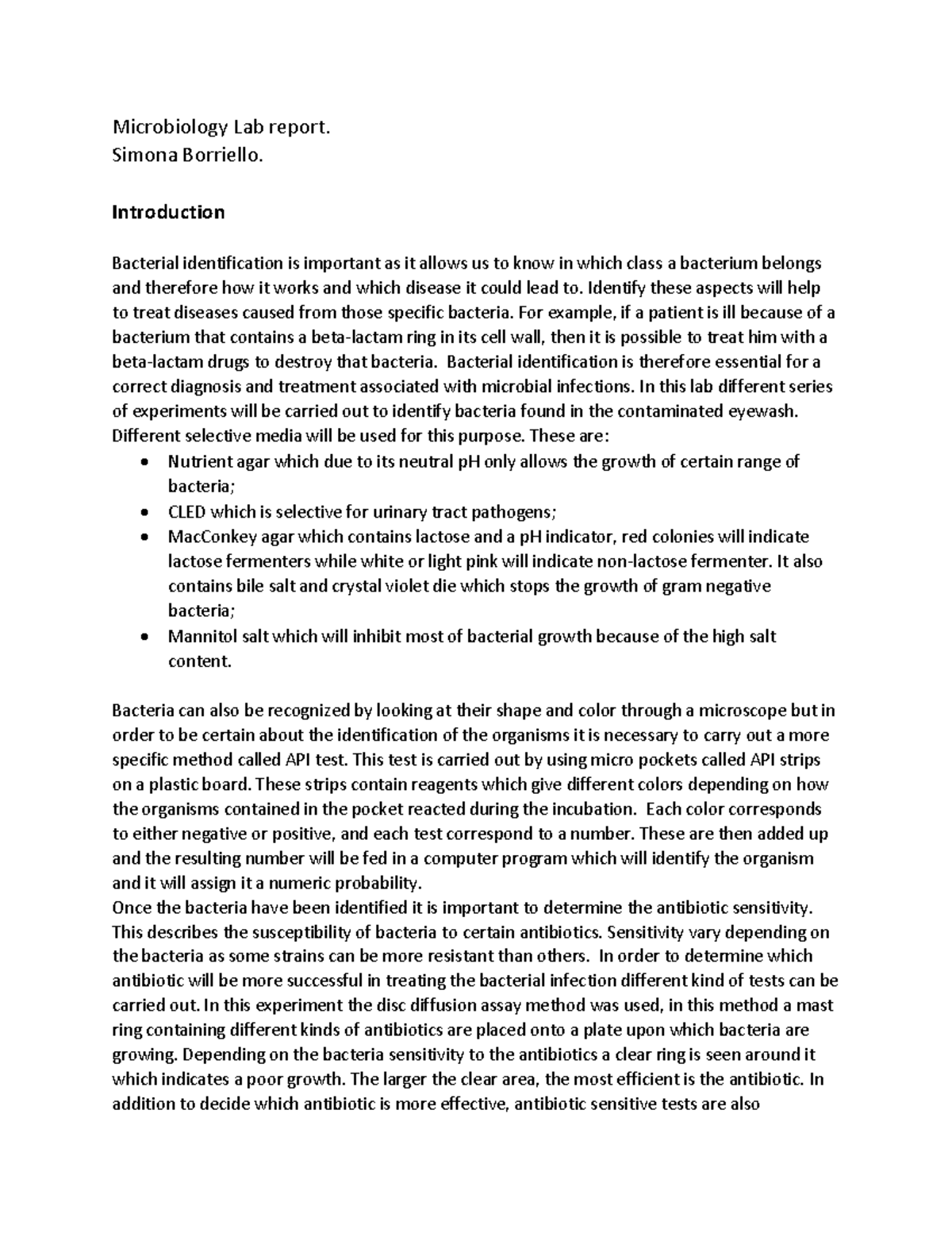 Microbiology Lab report - Simona Borriello. Introduction Bacterial ...