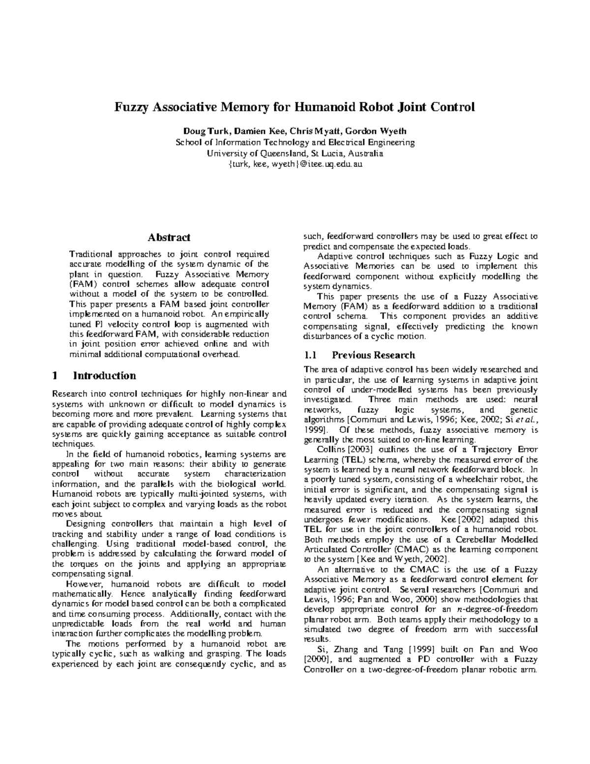 Fuzzy Associative Memory for Humanoid Robot Joint Control - uq.edu ...