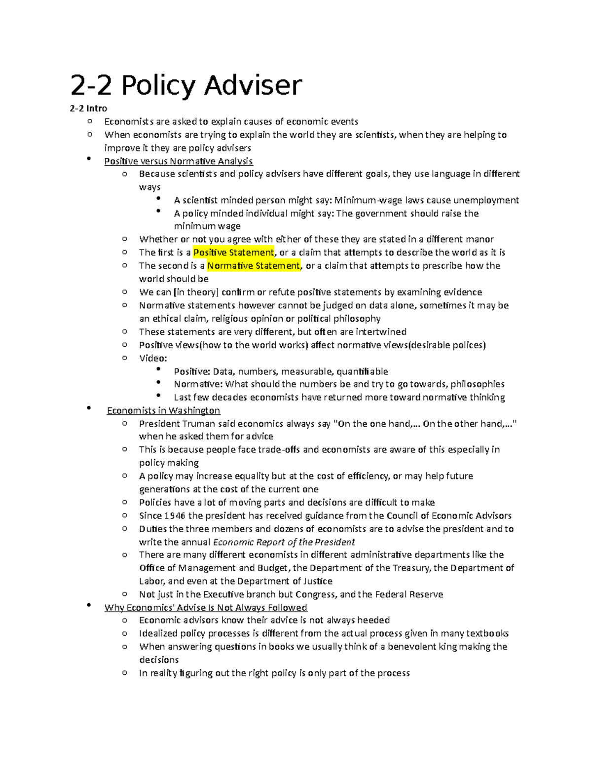 2-2 - Section Notes - 2-2 Policy Adviser 2-2 Intro o Economists are ...